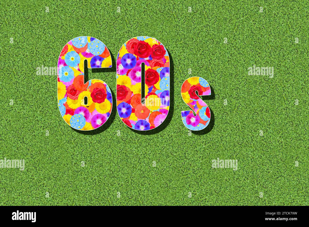 Graphic Sixties, 60s, 1960s, with colorful flowers written on a green ...
