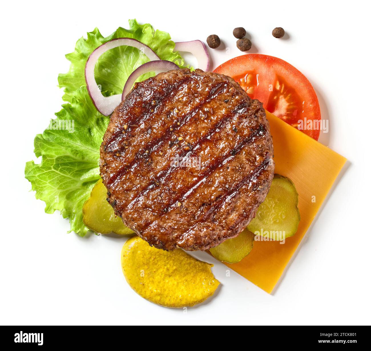 various food ingredients for making burger isolated on white background ...