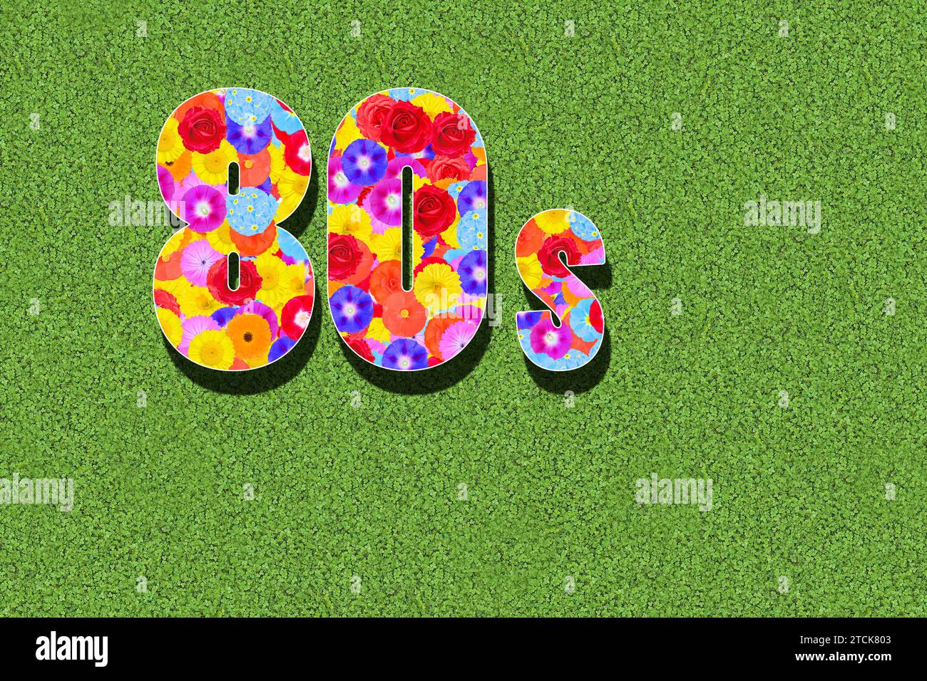 Graphic Eighties, 80s, 1980s, with colorful flowers written on a green ...