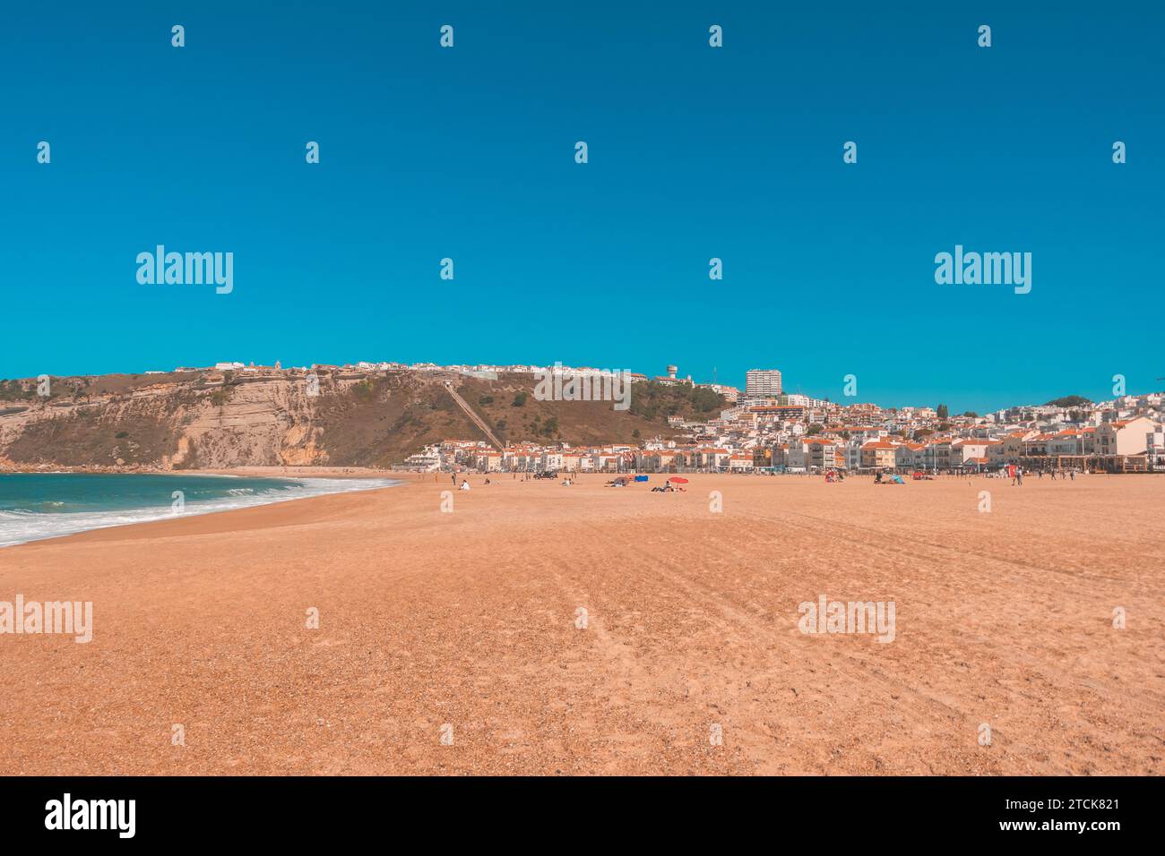 Panoramic view of the main beach (Praia de Nazare) in Nazare, Portugal ...