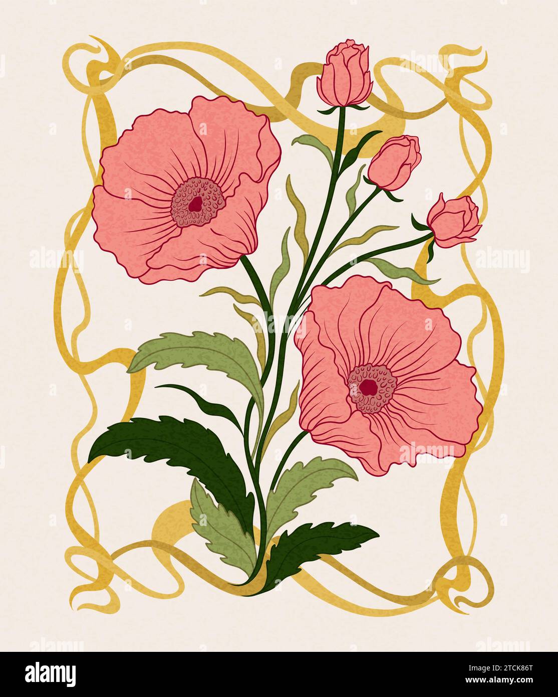 Floral poppy plant in art nouveau 1920-1930. Hand drawn poppy with ...