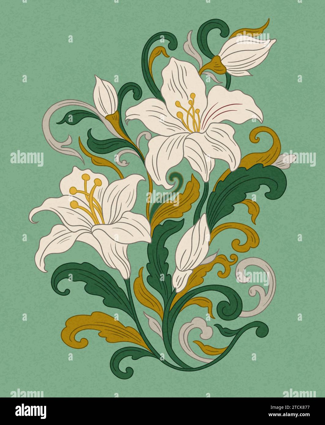 Floral lily easter plant in art nouveau 1920-1930. Hand drawn lily with ...