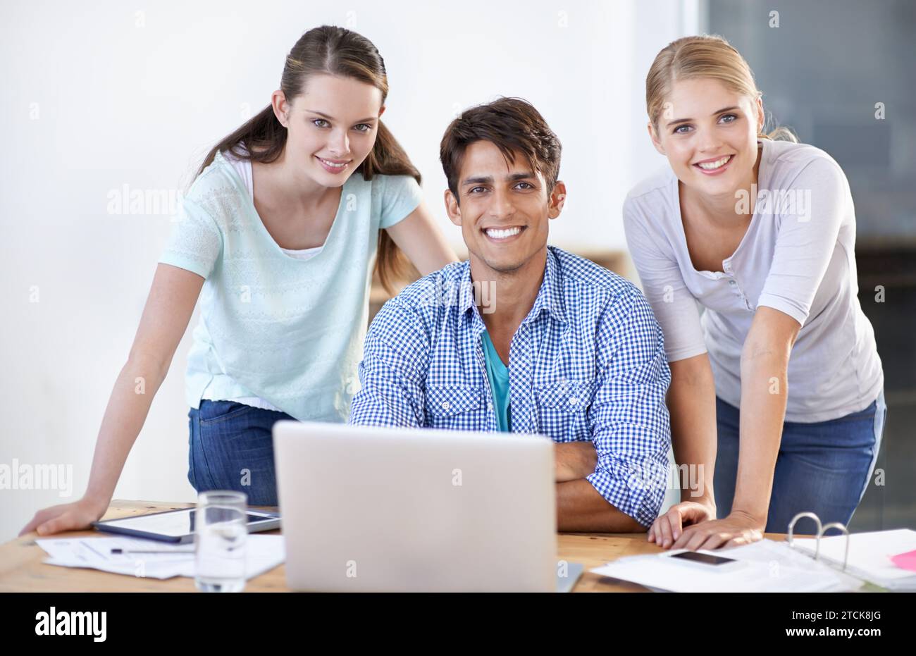 Teamwork, laptop or portrait of happy designers in meeting for news ...