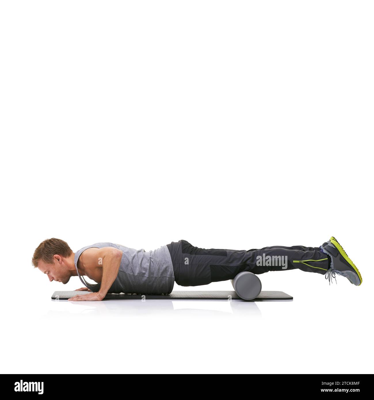 Training, foam roller and man in floor push up for bodybuilding ...