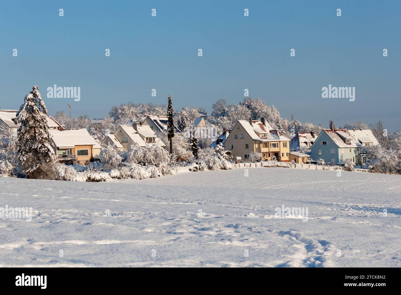 Beautiful winter in a European village - view of a snow-covered field ...