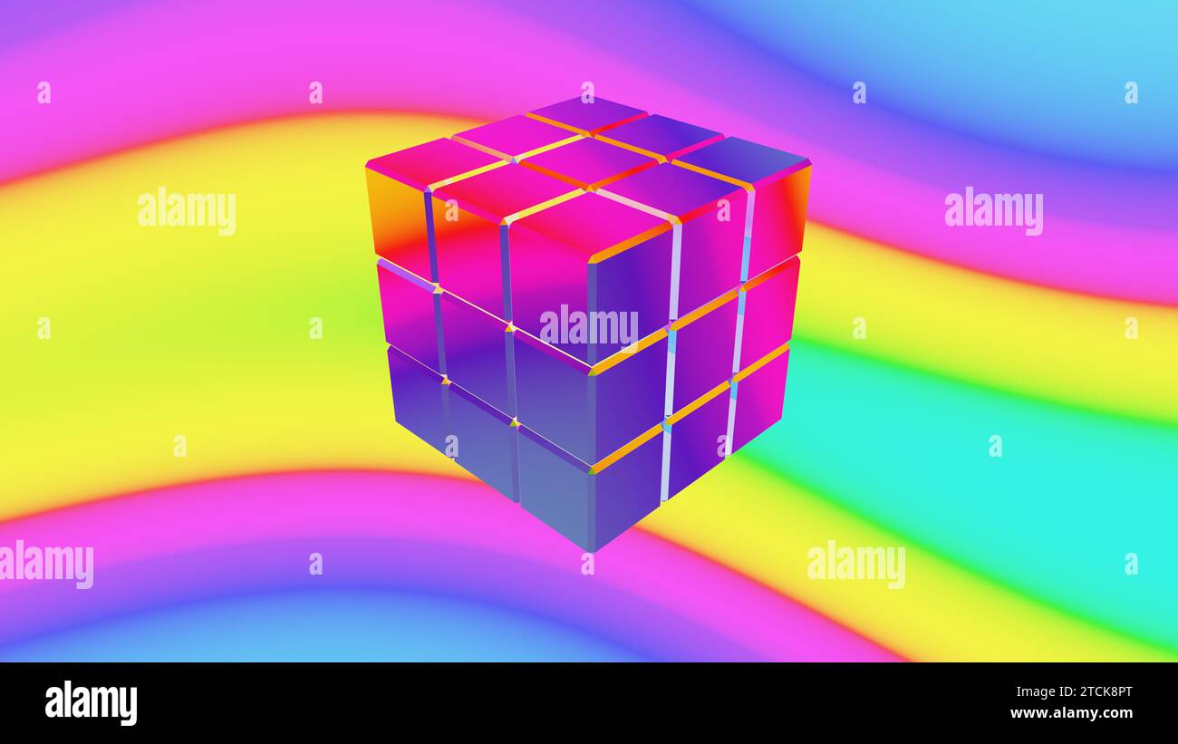 Colorful 3D cube floating effortlessly on a vibrant rainbow gradient ...