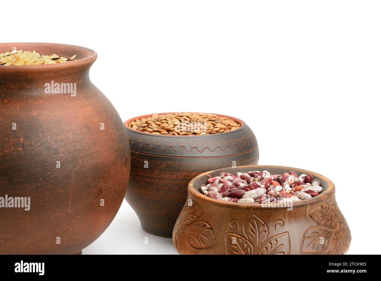 Beans, rice and lentils in pots isolated on white Stock Photo - Alamy
