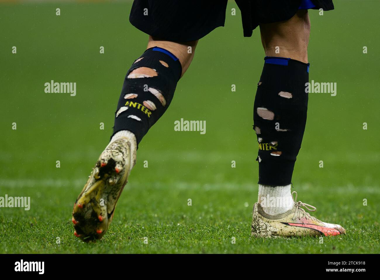 Milan, Italy. 12 December 2023. The holey socks worn by Davide Frattesi ...