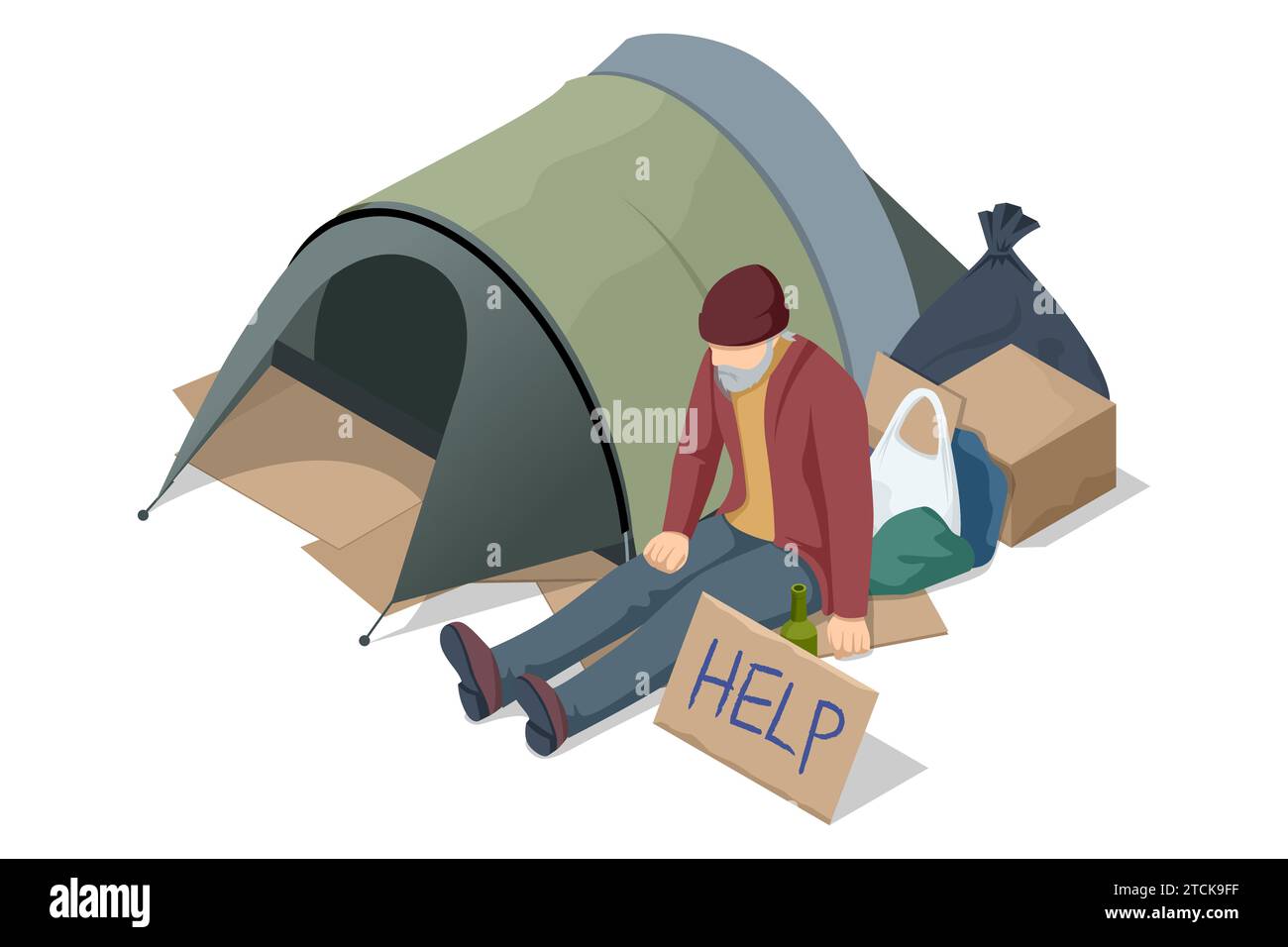 Isometric Homeless needing help, begging money man, bum. Tent with a ...