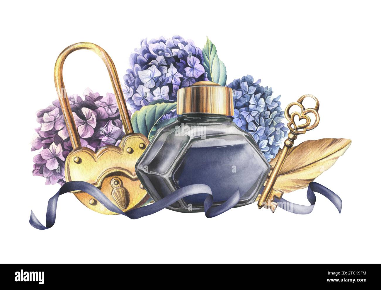 Dark blue ink in a glass inkwell with a gold lock, key and feather ...