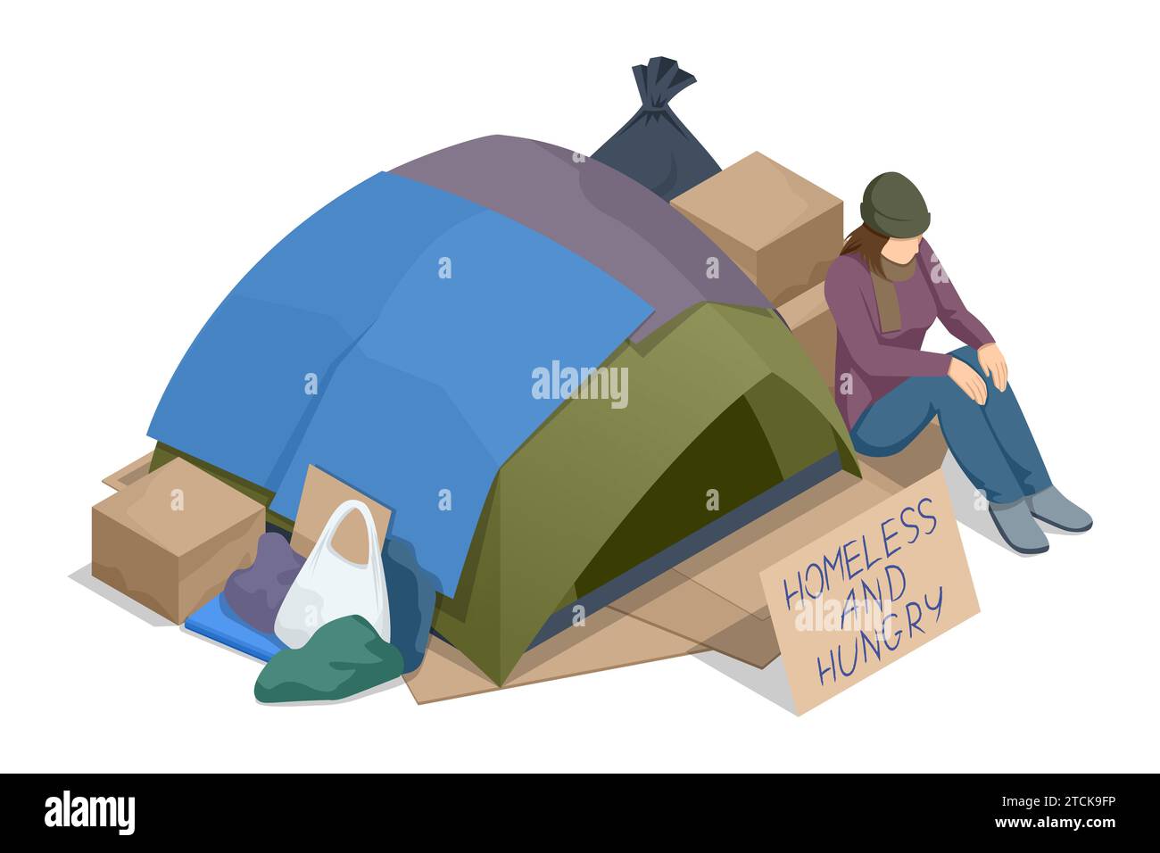 Isometric Homeless needing help, begging money woman, bum. Tent with a ...