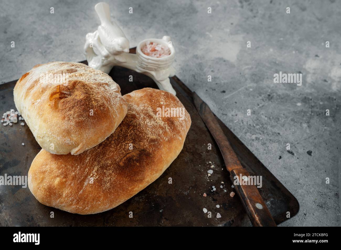 Homemade ciabatta, Homemade bread on a metal baking tray. Homemade ...