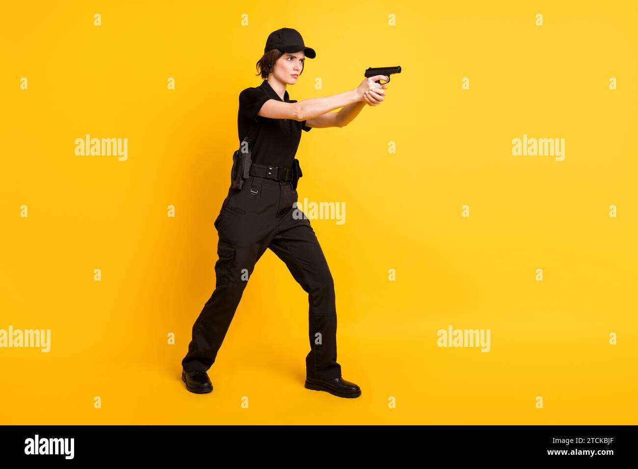 Full size profile side photo of serious policewoman look copyspace ...