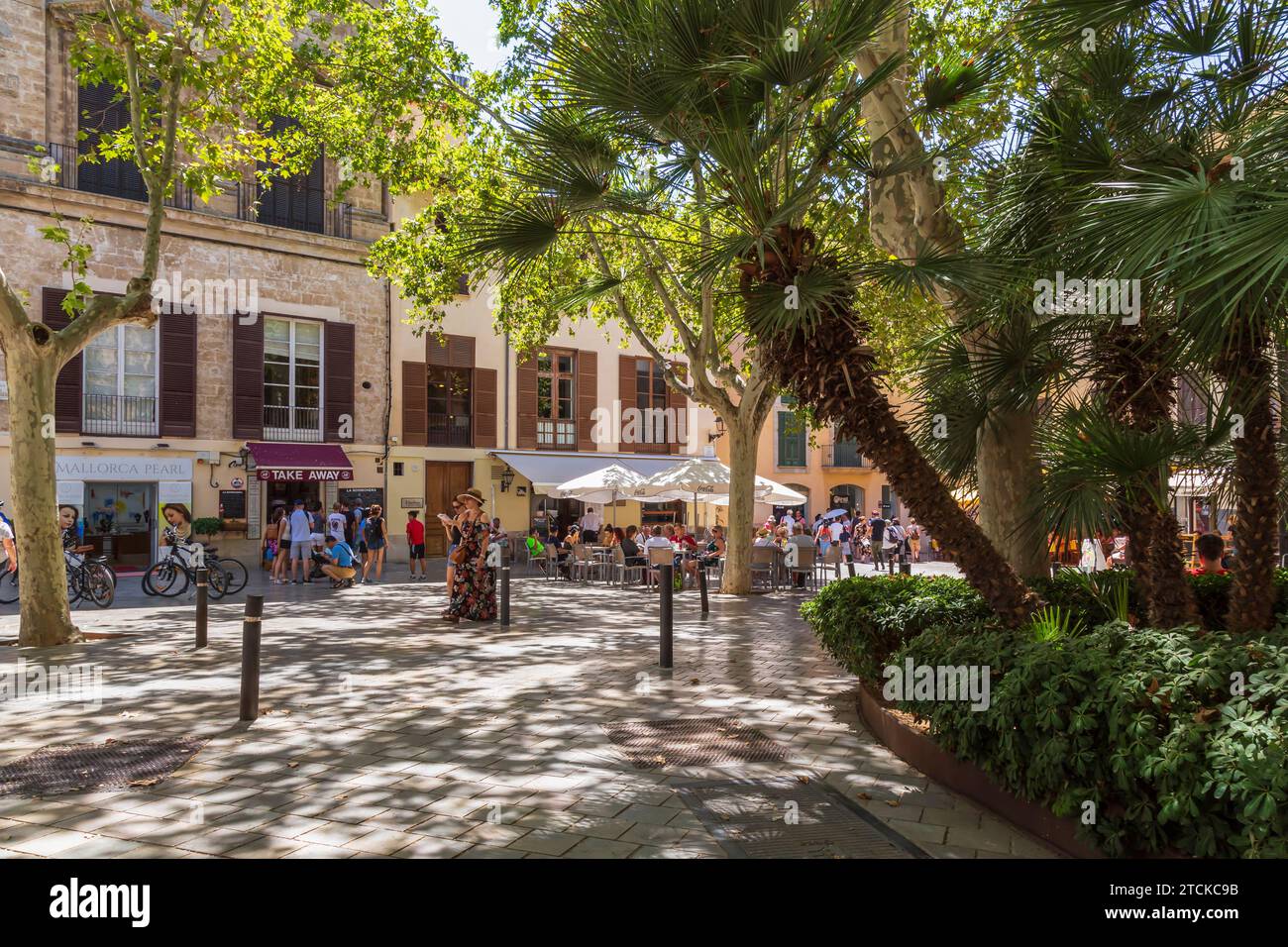Street cafes and shops on the Placa de Santa Eulalia square in the ...