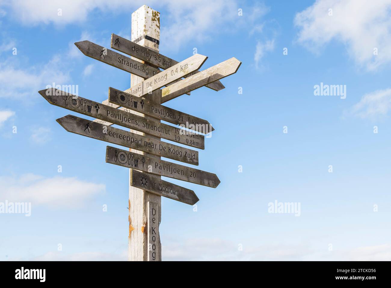 Signage on a wooden post near the beach to interesting destinations on ...