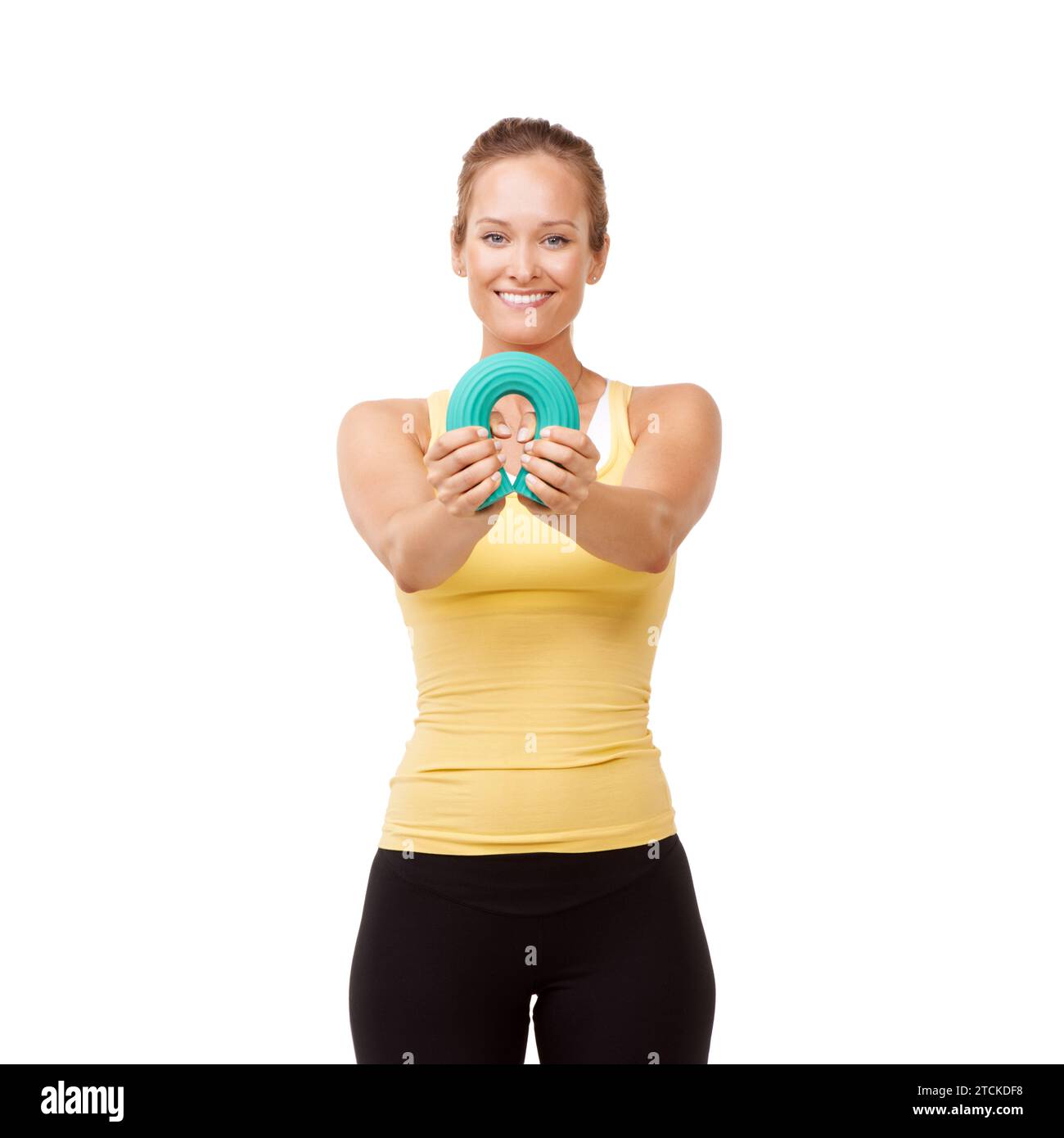 Happy woman, portrait and bend grip in fitness for arm workout isolated ...