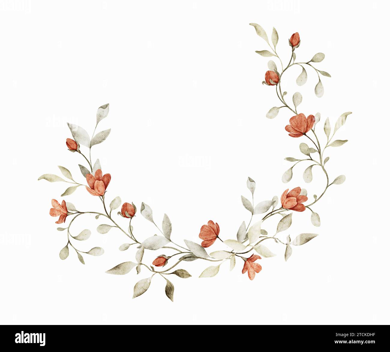 Floral wreath with red vintage flowers and leaves. Retro style ...