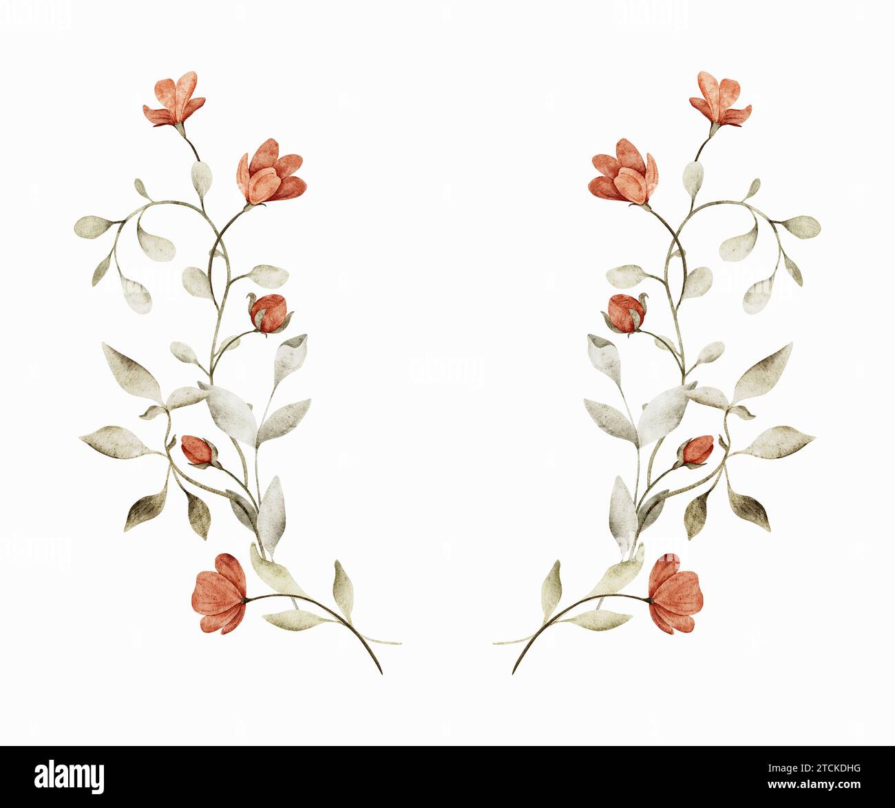 Floral wreath with red vintage flowers and leaves. Retro style ...