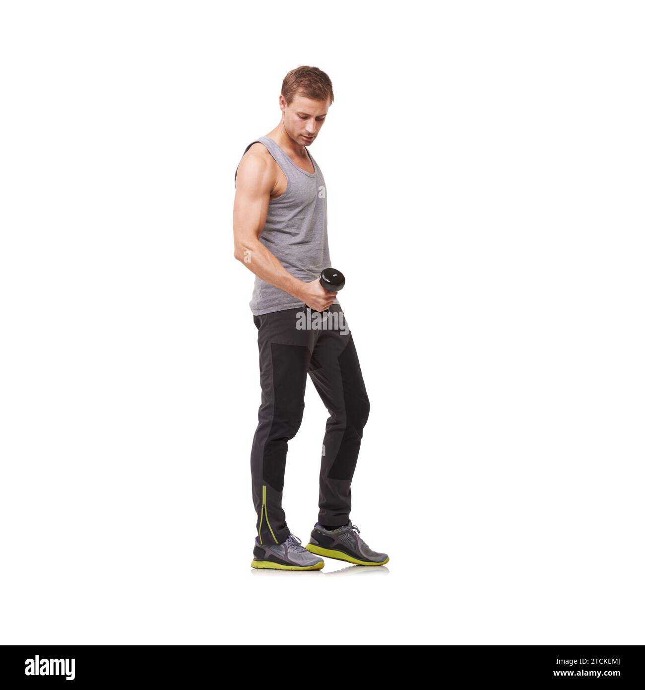 Fitness, white background or man with dumbbells training, exercise or ...