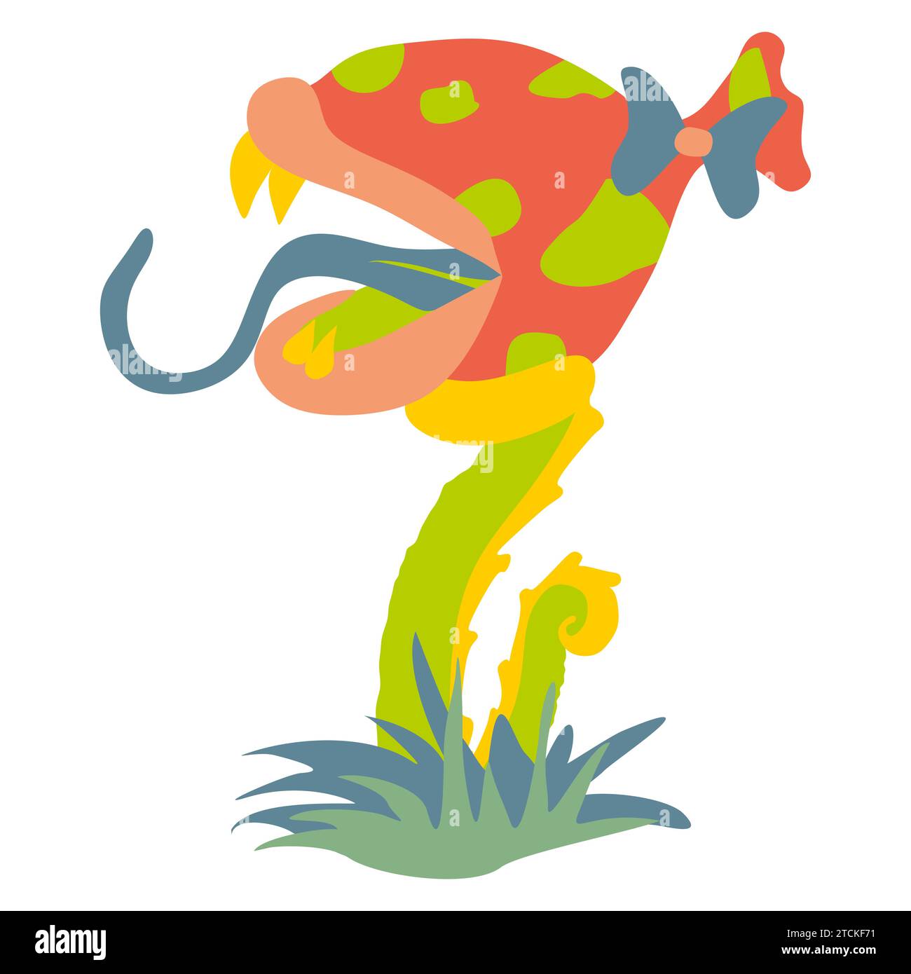 Monster plant with Teeth, mouth, tongue and Bow tie in Green grass ...