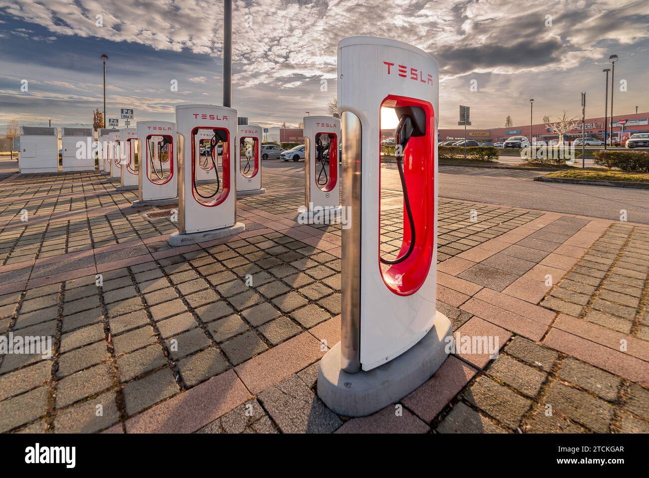 Mondovi, Italy - December 11, 2023: Tesla supercharger, electric car ...