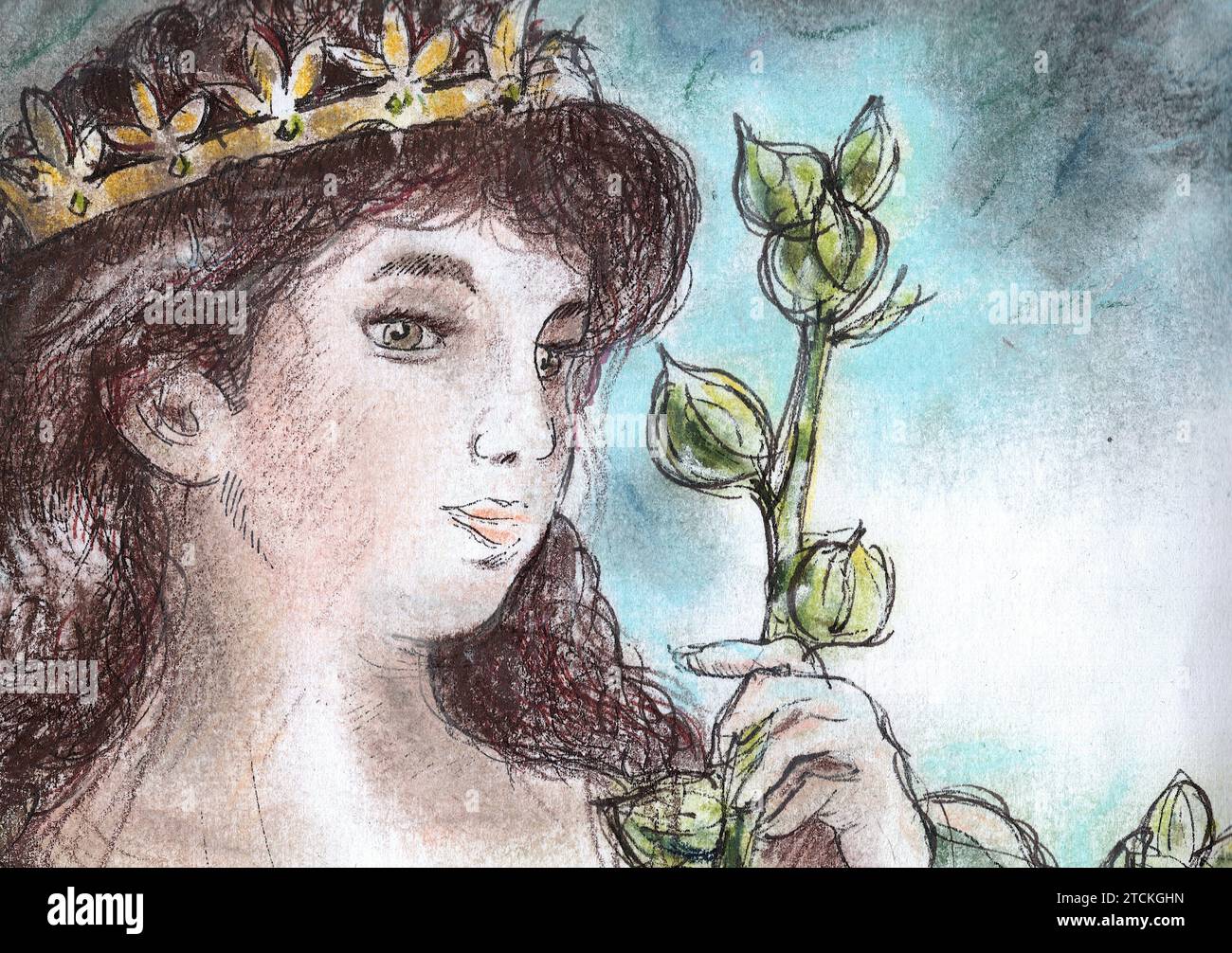 Colour illustration of a young queen holding a flower Stock Photo - Alamy