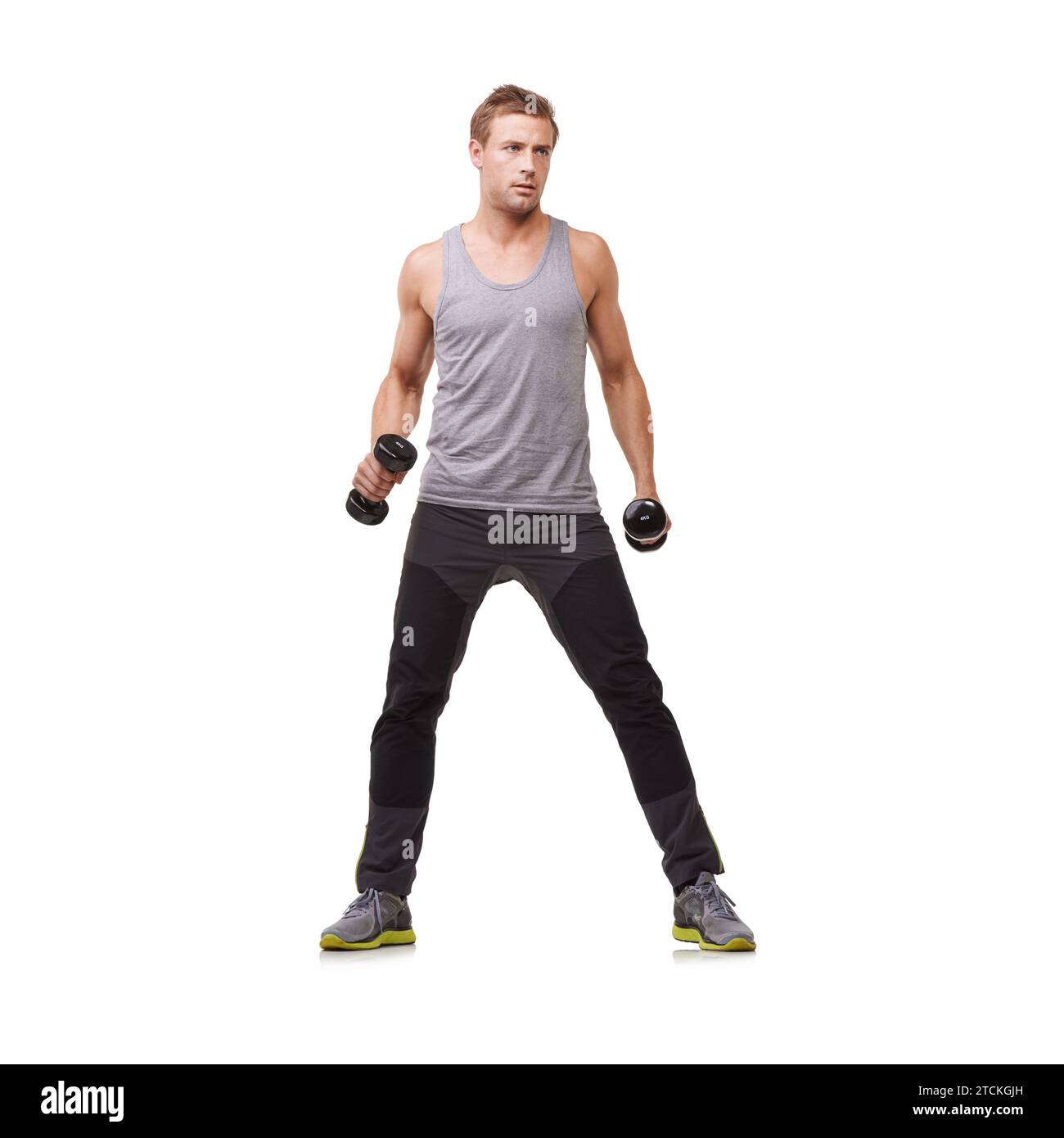 Fitness, white background or bodybuilder with dumbbells training ...