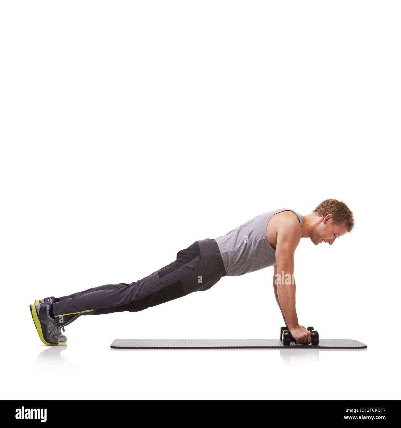 Push ups, white background or man in dumbbells training, exercise or ...