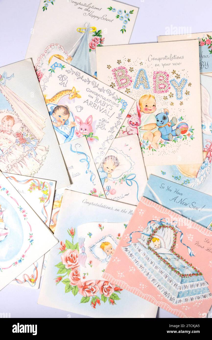 1963 1960s vintage new baby birth birthday cards isolated on white ...