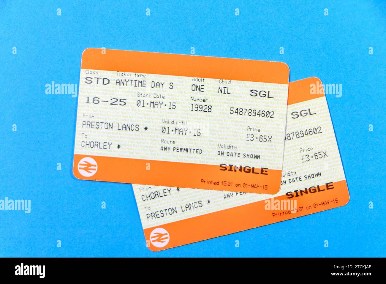 card uk railway single train tickets to preston chorley isolated on ...