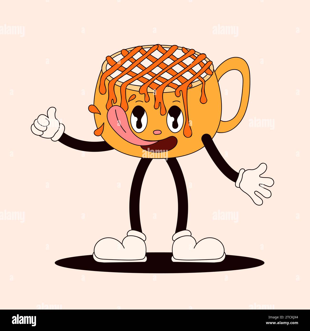 Groovy drink licking caramel character. Cup of coffee with dripping ...