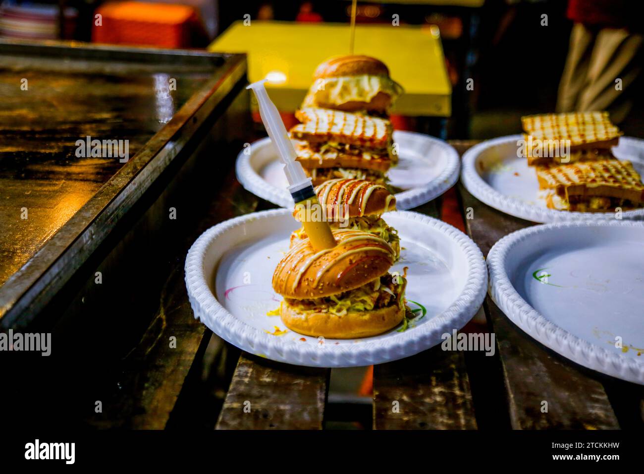 .delicious Burger with mayonnaise and Chicken.mayonnaise with liquid ...