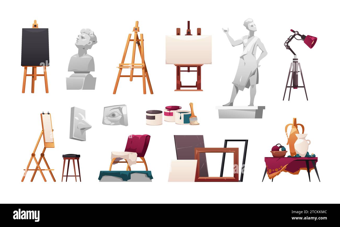 Art studio elements. Cartoon painting tools and workshop equipment ...