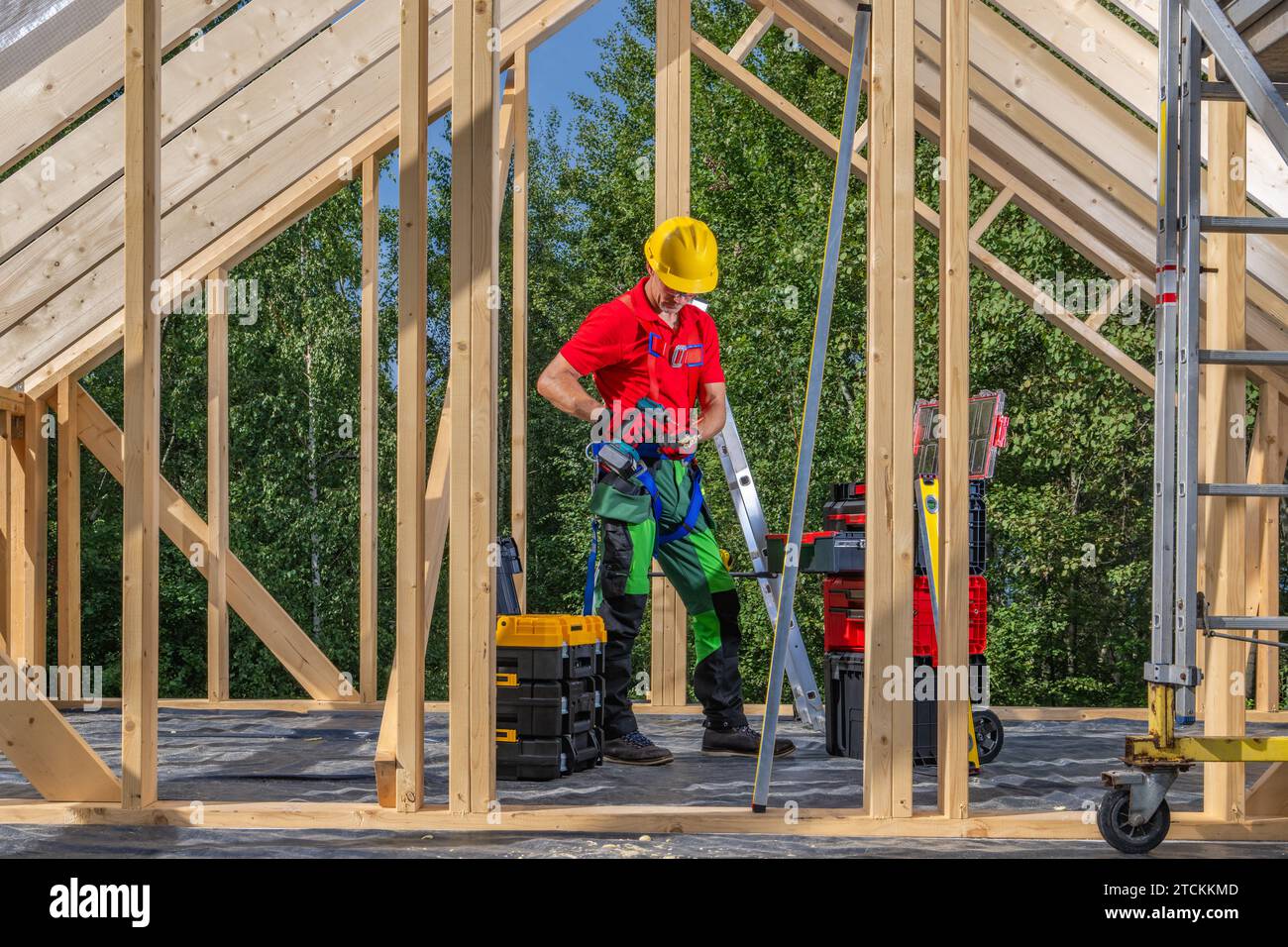 Construction Site Contractor Worker Wearing Hard Hat Between Wooden ...