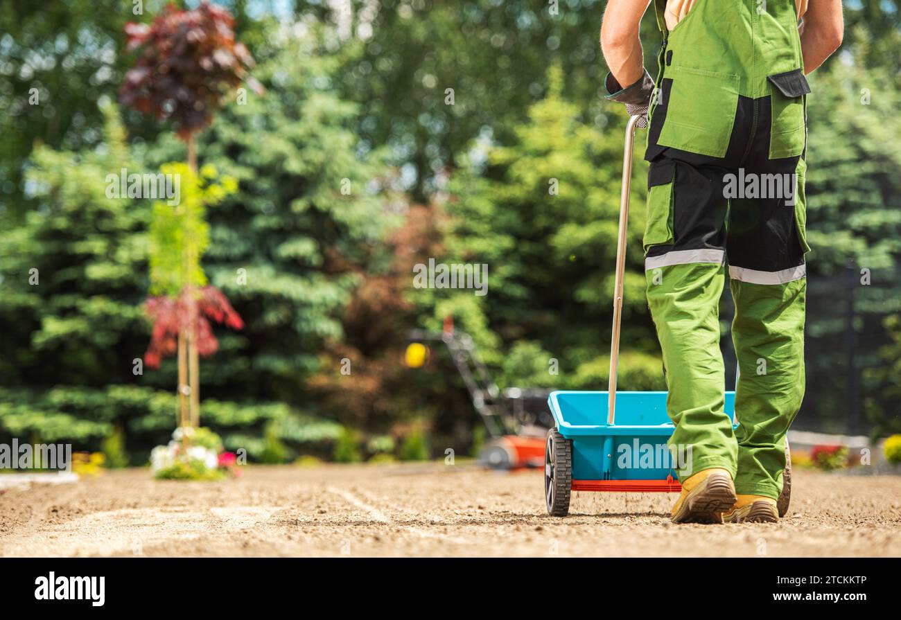 Caucasian Landscaper Grass Seeding Using Manual Seed Distributor ...