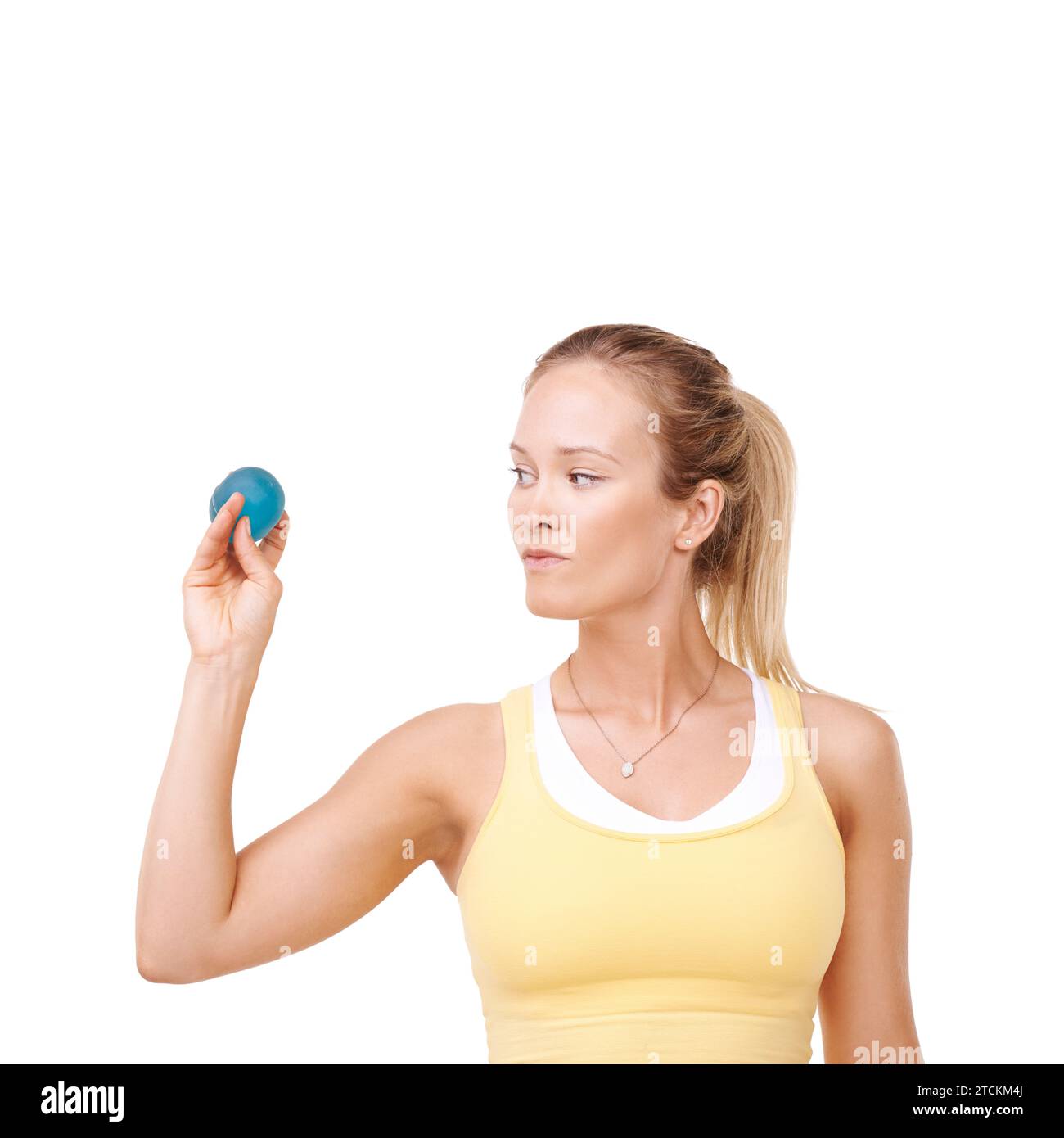 Serious woman, squeeze and stress ball in fitness for exercise against ...