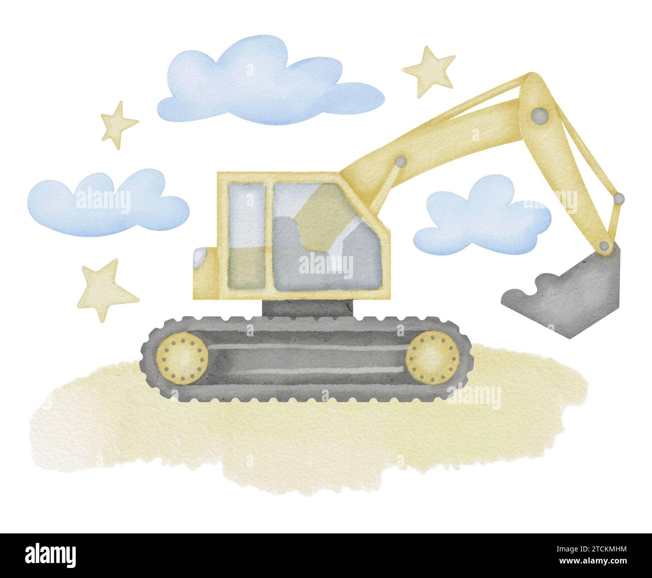Excavator Watercolor illustration. Hand drawn clip art of Digger on ...