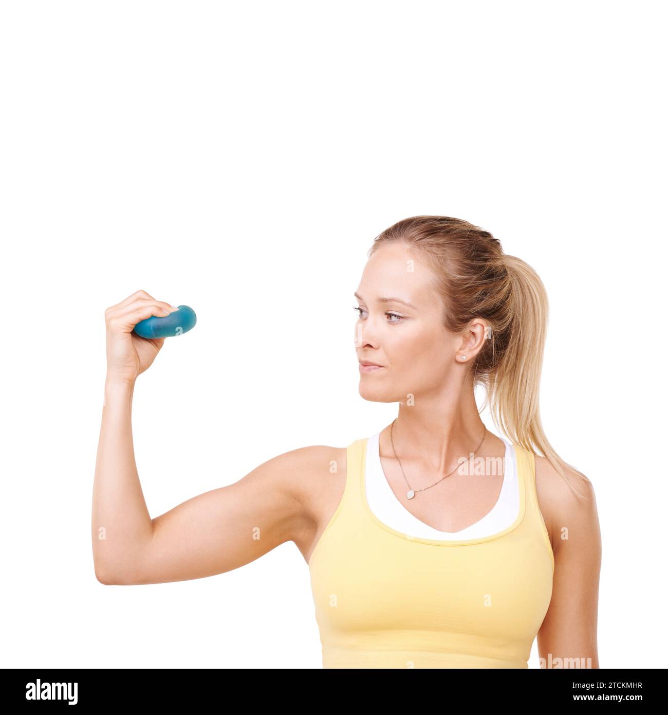 Confident woman, squeeze and stress ball in fitness for exercise ...