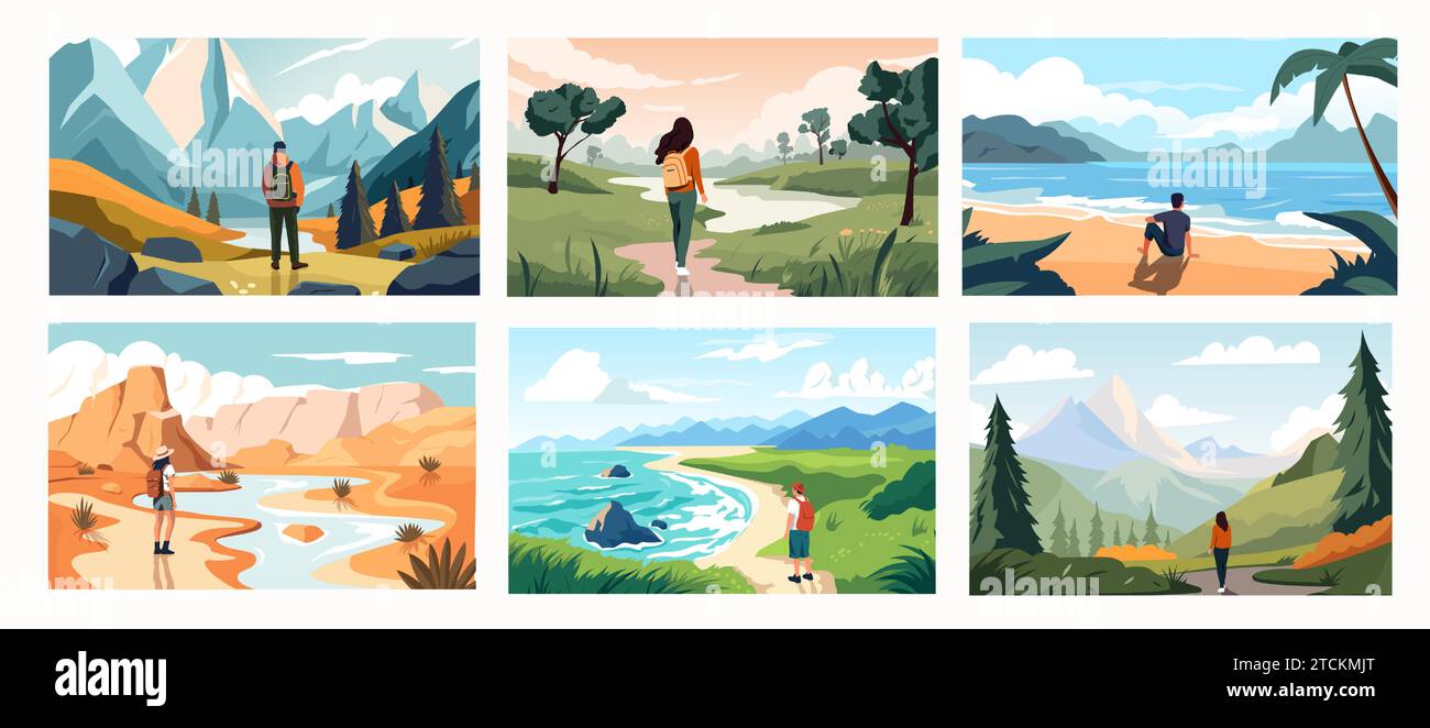 Travelers looking at scenery. Cartoon persons exploring nature and ...