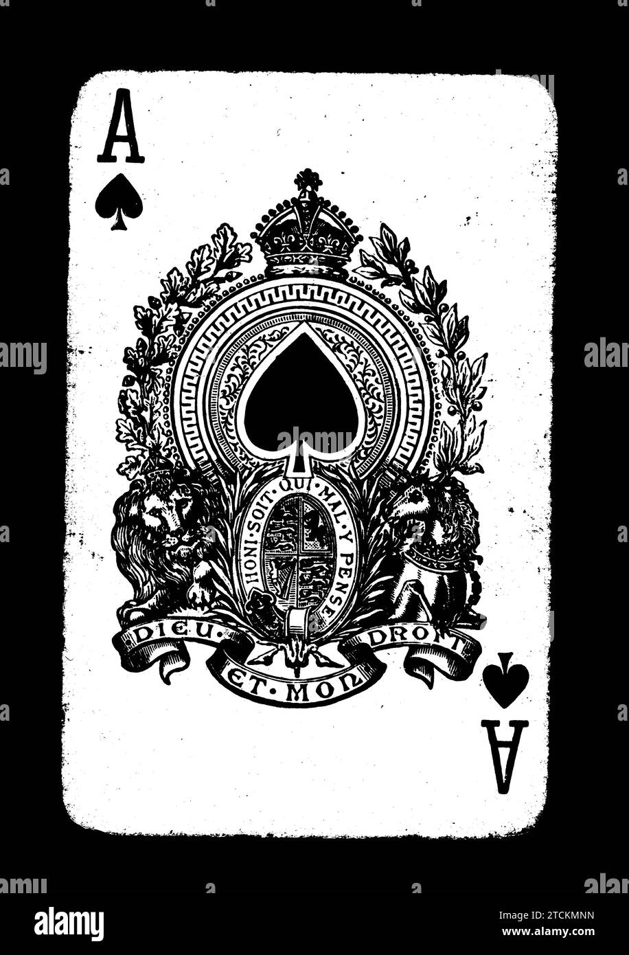 Vintage ace of spades playing card in black and white on a black ...