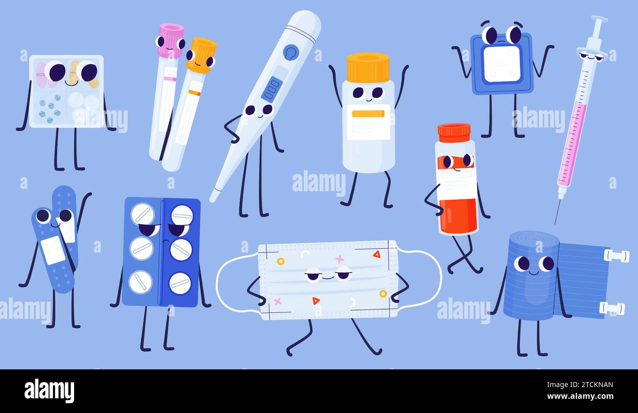 Cartoon pills characters. Cute pharmaceutical medicine with syringe and ...