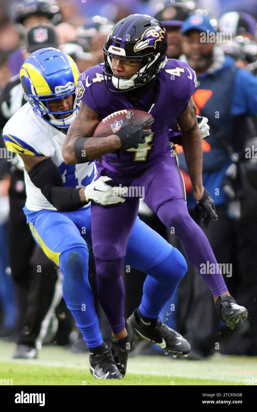Baltimore Ravens wide receiver Zay Flowers (4) runs during an NFL football game against the Los ...