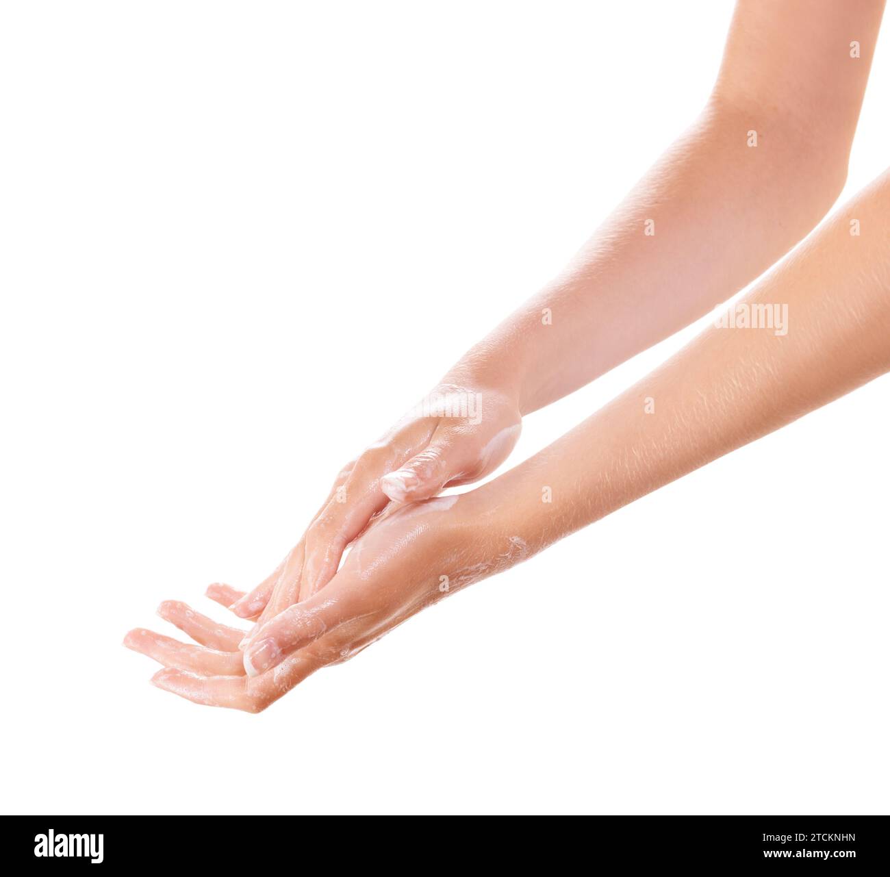 Skincare, soap and washing hands closeup for health in studio isolated ...
