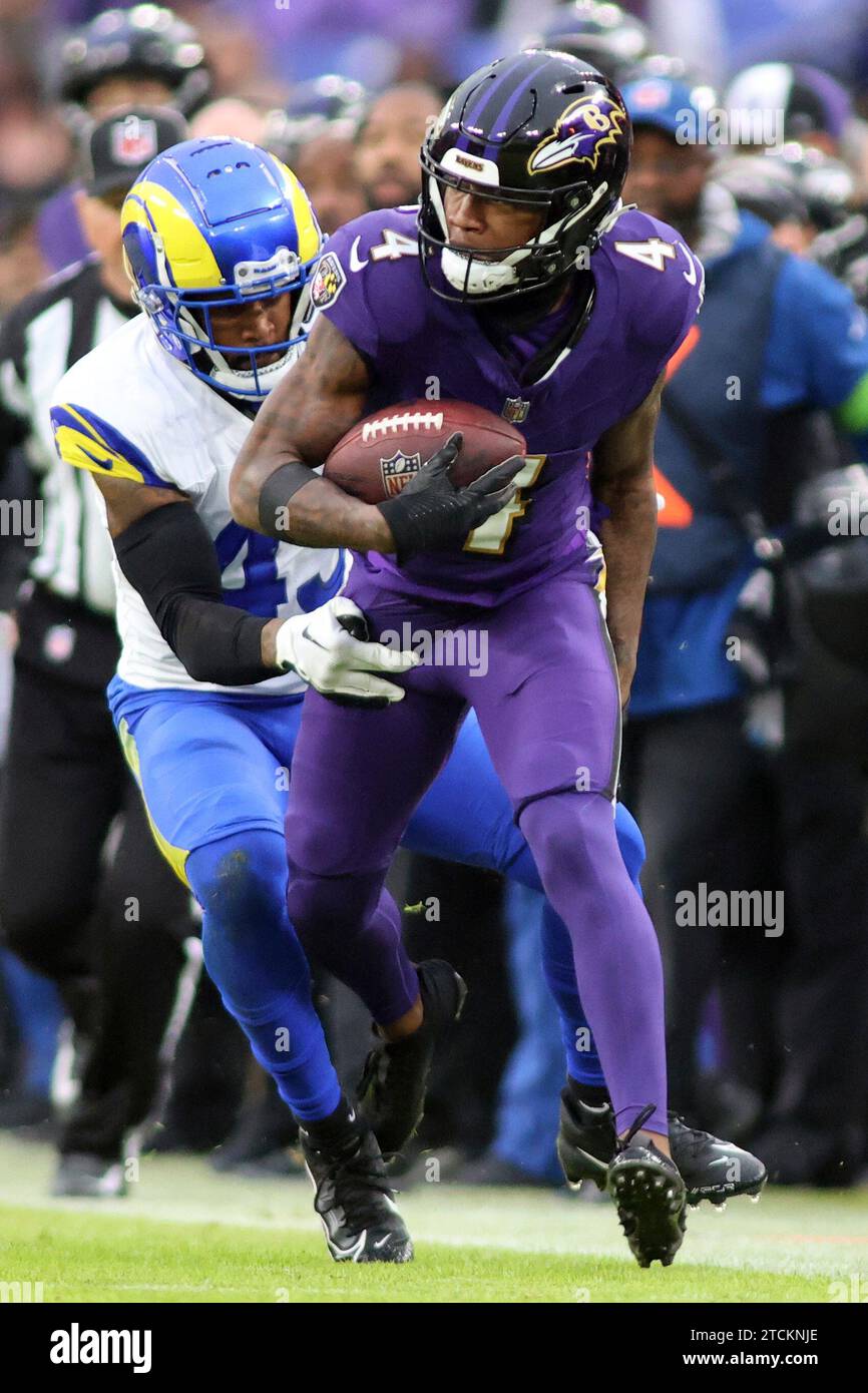 Baltimore Ravens wide receiver Zay Flowers (4) runs during an NFL ...