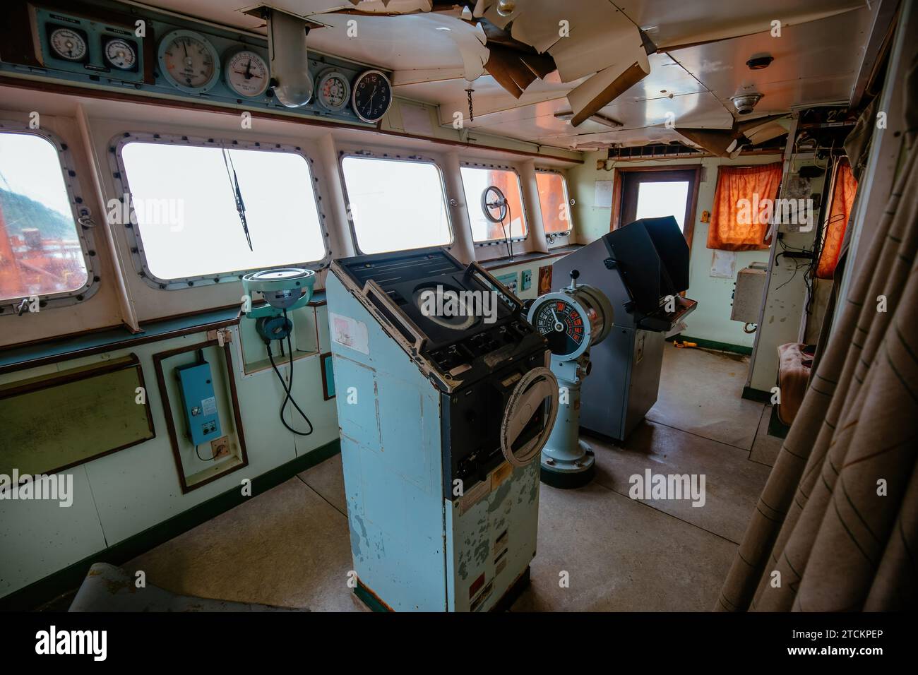 Navigational bridge and control device on old abandoned ship Stock ...