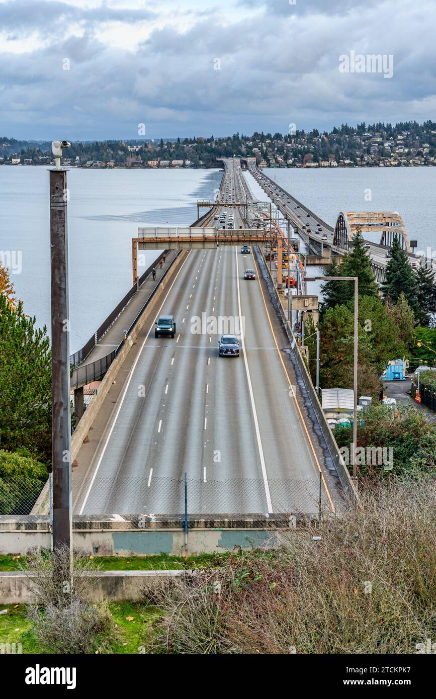 A view of highway bridges spanning Lake Washington in Seattle Stock ...