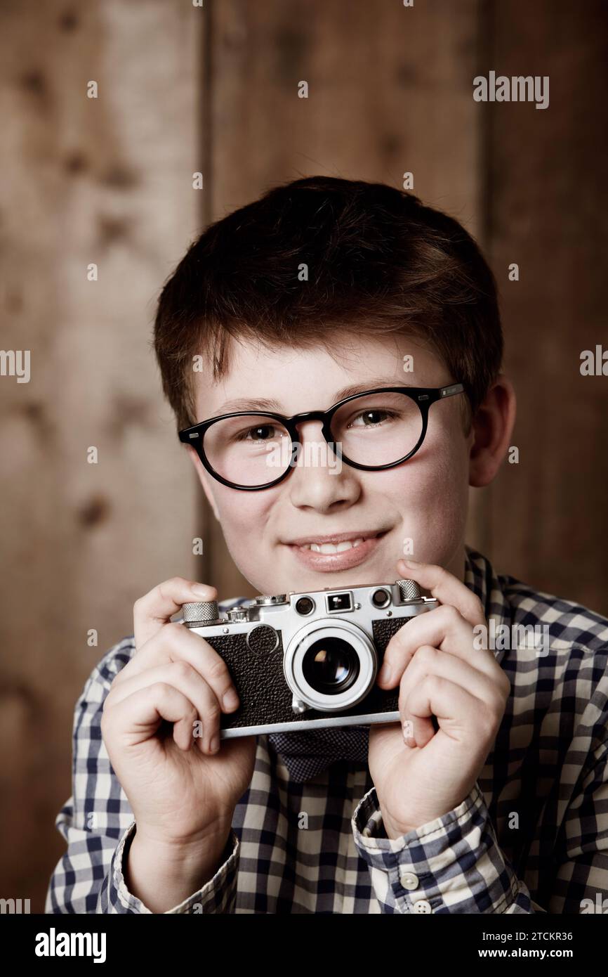 Portrait, child and vintage for camera with happiness, mockup and ...