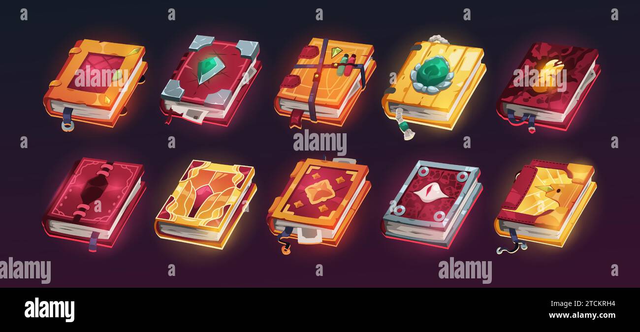 Magic spell books. Witchcraft spell book icons with alchemy symbols ...