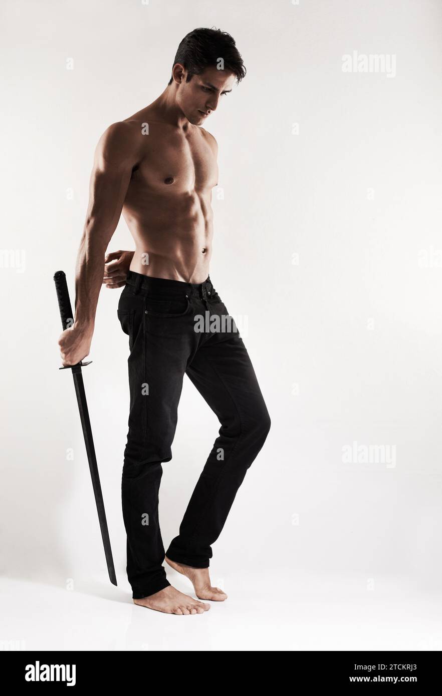 Man, katana or sword with muscle, studio and thinking with vision for ...