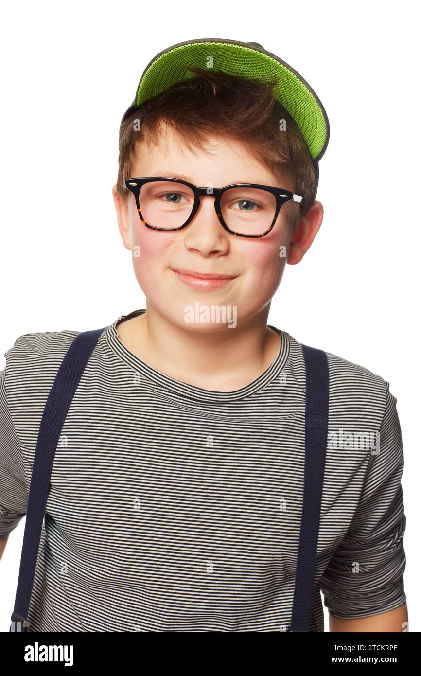 Portrait, fashion and glasses and a boy nerd in studio isolated on a ...